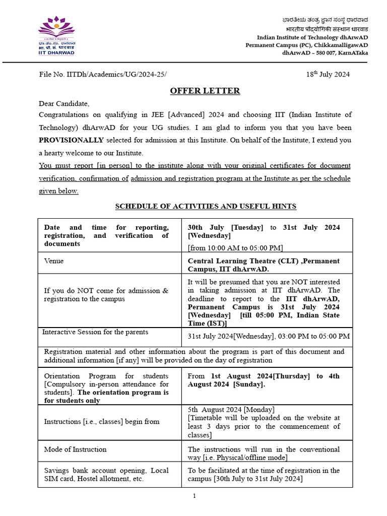 IIT Dharwad UG Admission Offer 2024 | PDF