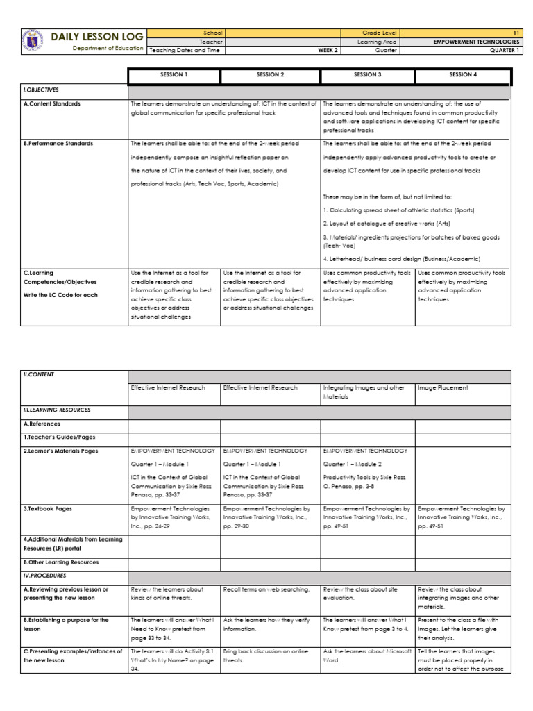 Daily Lesson Log: Department of Education | PDF | Learning ...