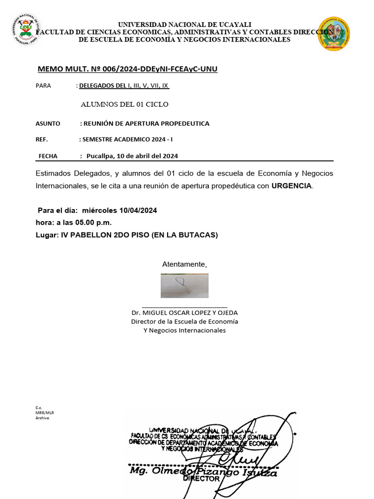 Memo Mult. #006 - Reunion Con Los Delegados y Alumnos Del 01 Er Ciclo | PDF