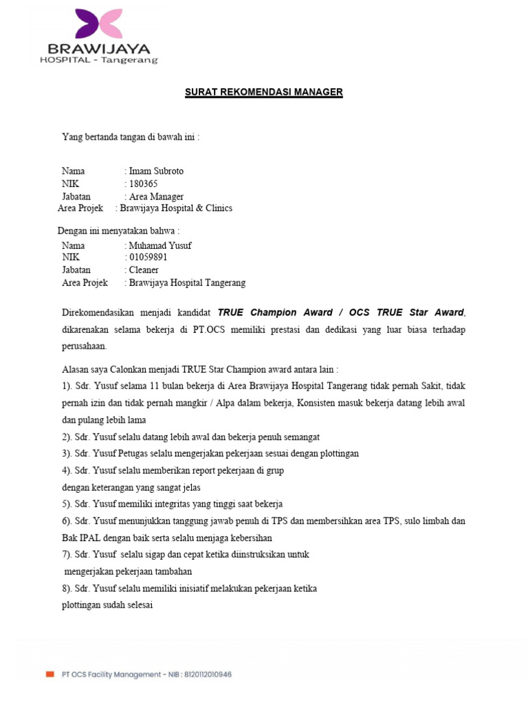 Surat Rekomendasi Dari Manager & Client - M Yusuf Cleaner Brawijaya Tangerang | PDF