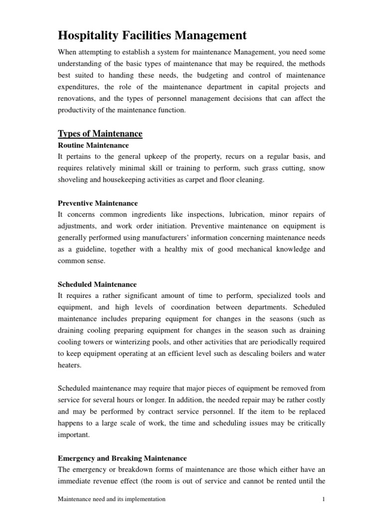 Hospitality Facilities Management | PDF | Employment | Maintenance