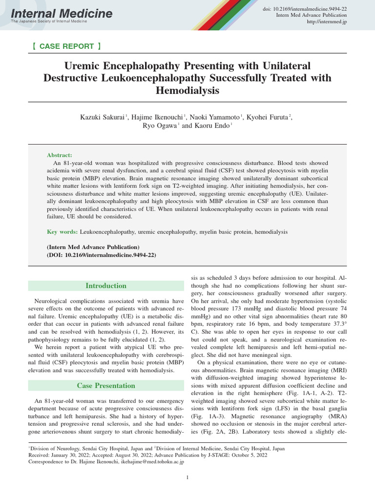Uremic Encephalopathy Presenting With Unilateral Destructive 1rf486g1 ...