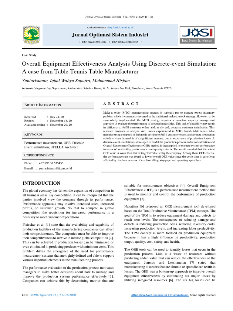 Overall Equipment Effectiveness Analysis Using Discrete-Event Simulation A Case From Table ...