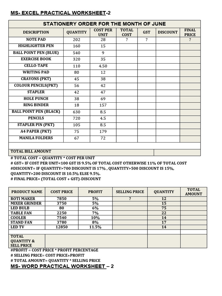 MS Excel Practical Worksheet 2 | PDF