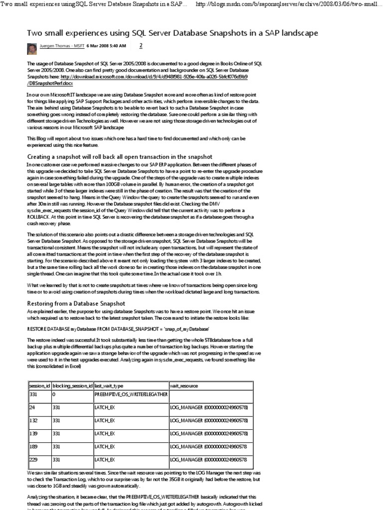 Two Small Experiences Using SQL Server Database Snapshots in A SAP ... Two Small Experiences Using SQL Server Database Snapshots in A SAP ...