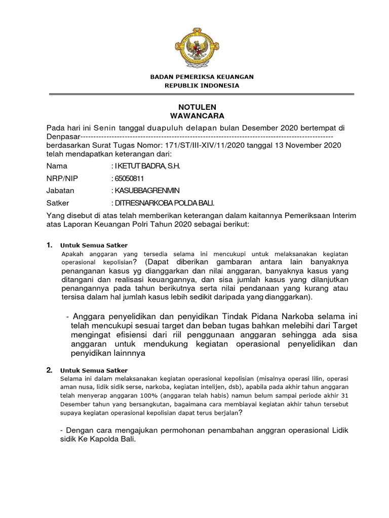 Notulen Wawancara Ditresnarkoba PDF | PDF