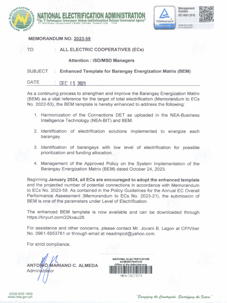 Memo to ECs No. 2023-59 - Enhanced Template for Barangay Energization ...