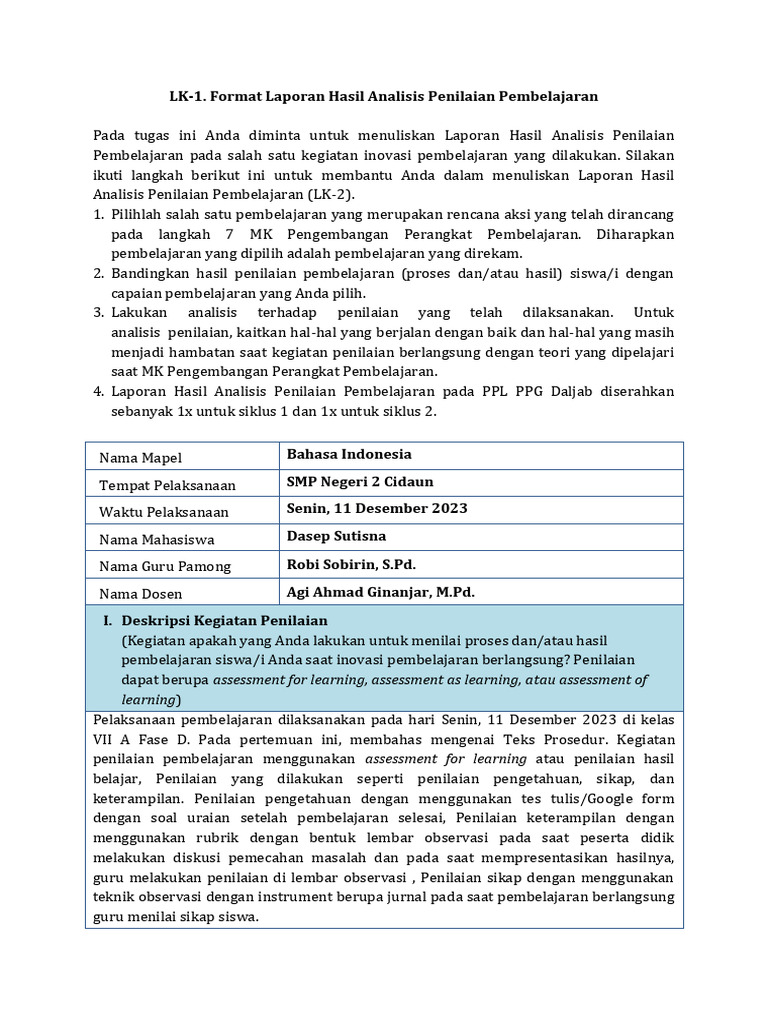 LK-1. Format Laporan Hasil Analisis Penilaian Pembelajaran (Oke) | PDF