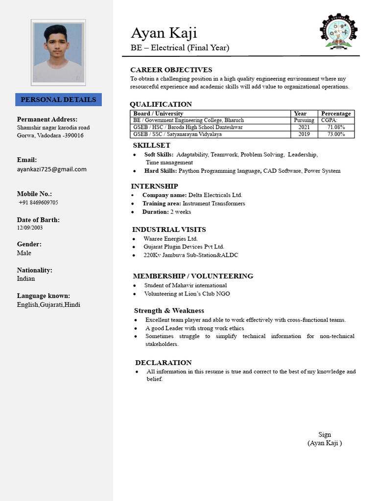 Ayan Kaji's Electrical Engineering Resume | PDF