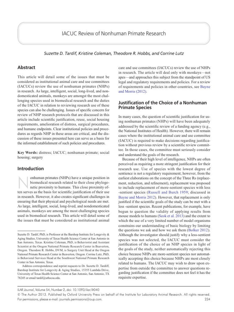 IACUC Review of Nonhuman Primate Research | PDF | Surgery | Stress ...