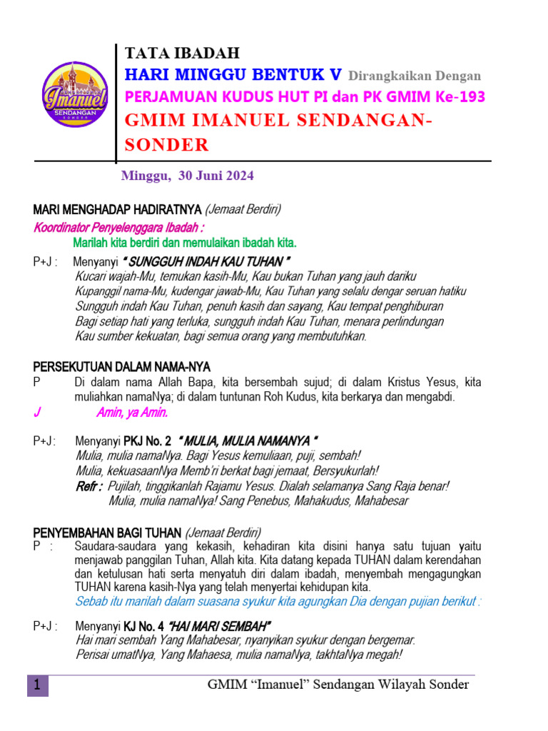 TATA IBADAH HARI MINGGU BENTUK V - 30 Juni 2024 - Perjamuan Kudus HUT PI & PK | PDF