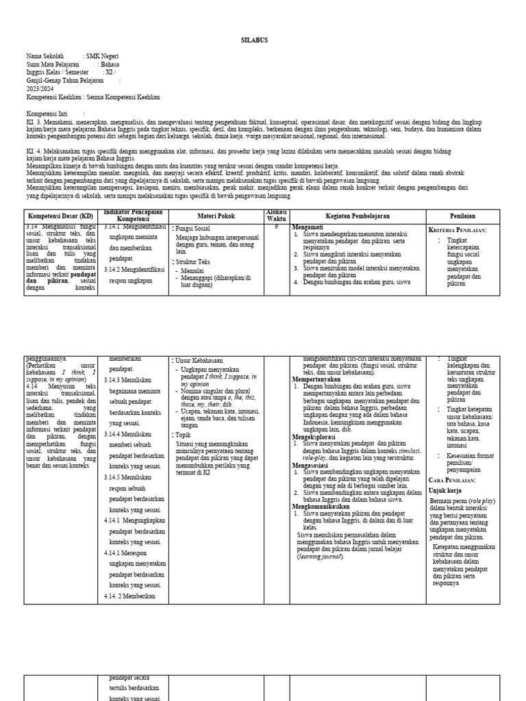 Silabus Bahasa Inggris Kelas 11 SMT Ganjil Genap 2021 2022 | PDF
