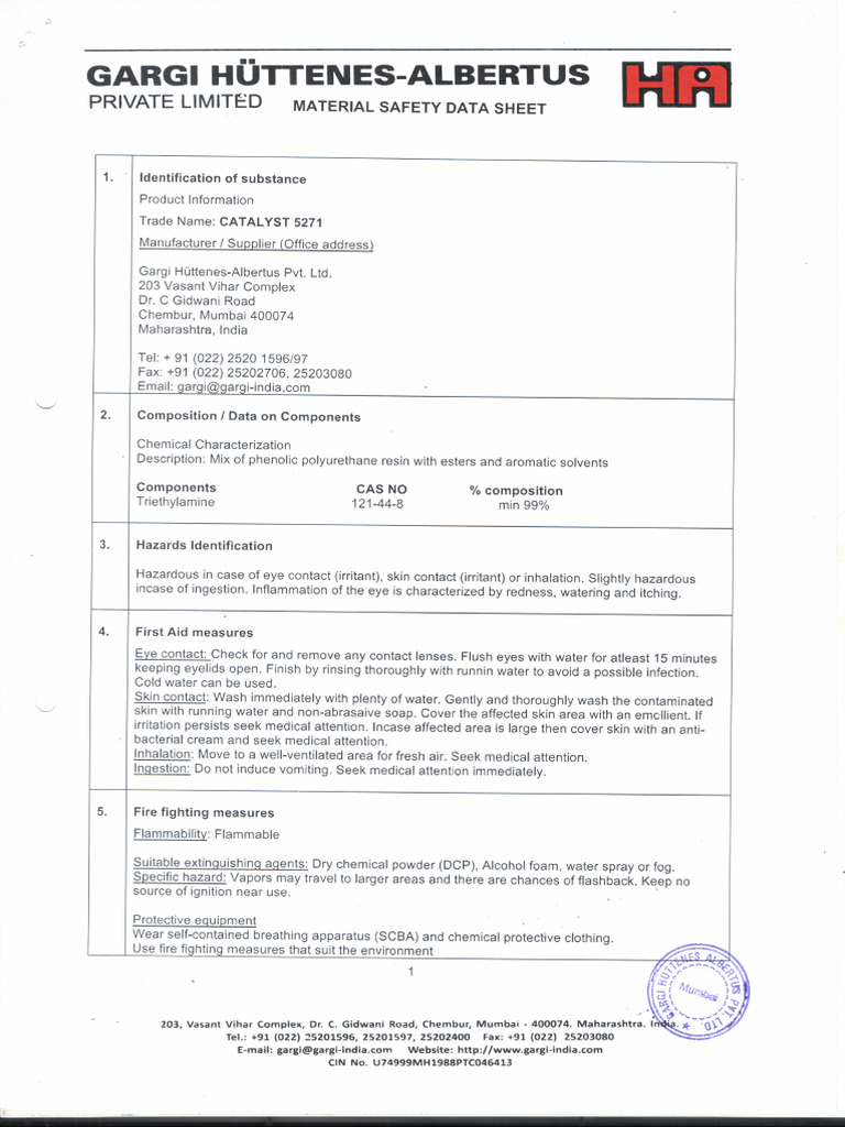 MSDS - Catalyst 5271 | PDF