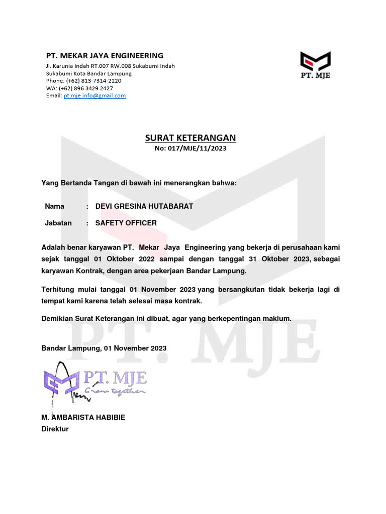 SURAT KETERANGAN-PAKLARING - MJE Devi 2 | PDF | Bisnis