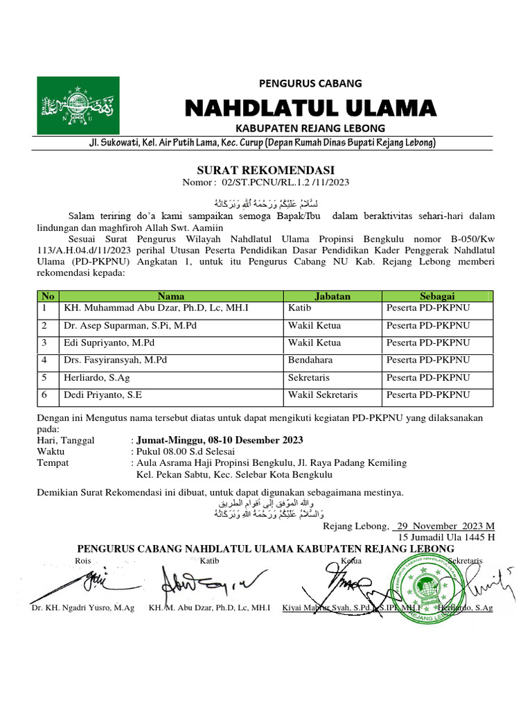 Surat Rekomendasi - Pcnu - Pd-Pkpnu | PDF