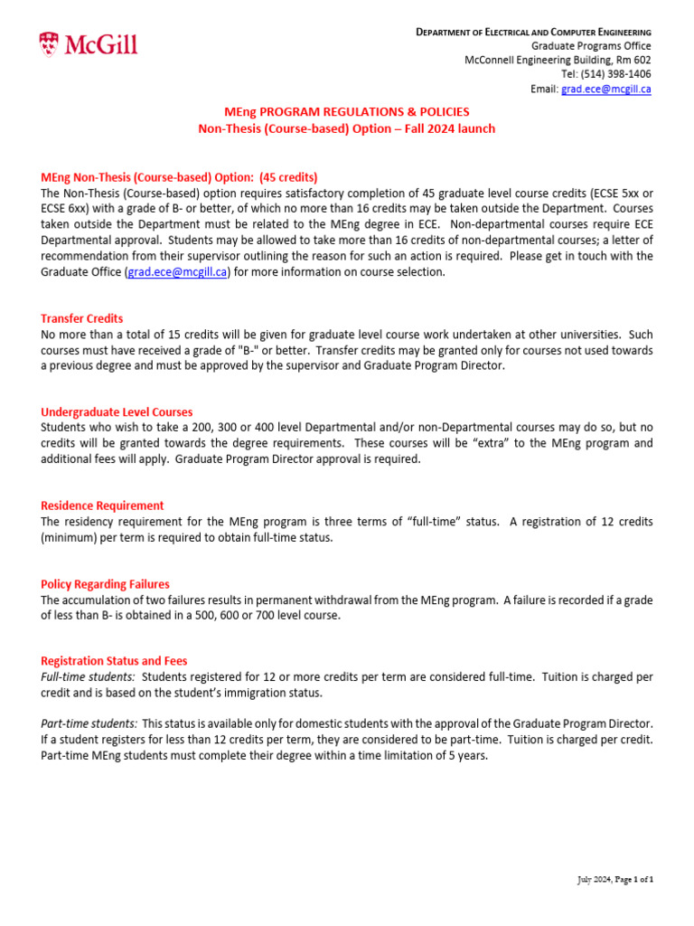 Meng Non-Thesis Regulations Policies Course-Based July 2024 | PDF | Technology & Engineering