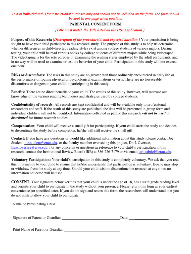 Irb Fictional Parental Consent Form Example | PDF | Consent ...