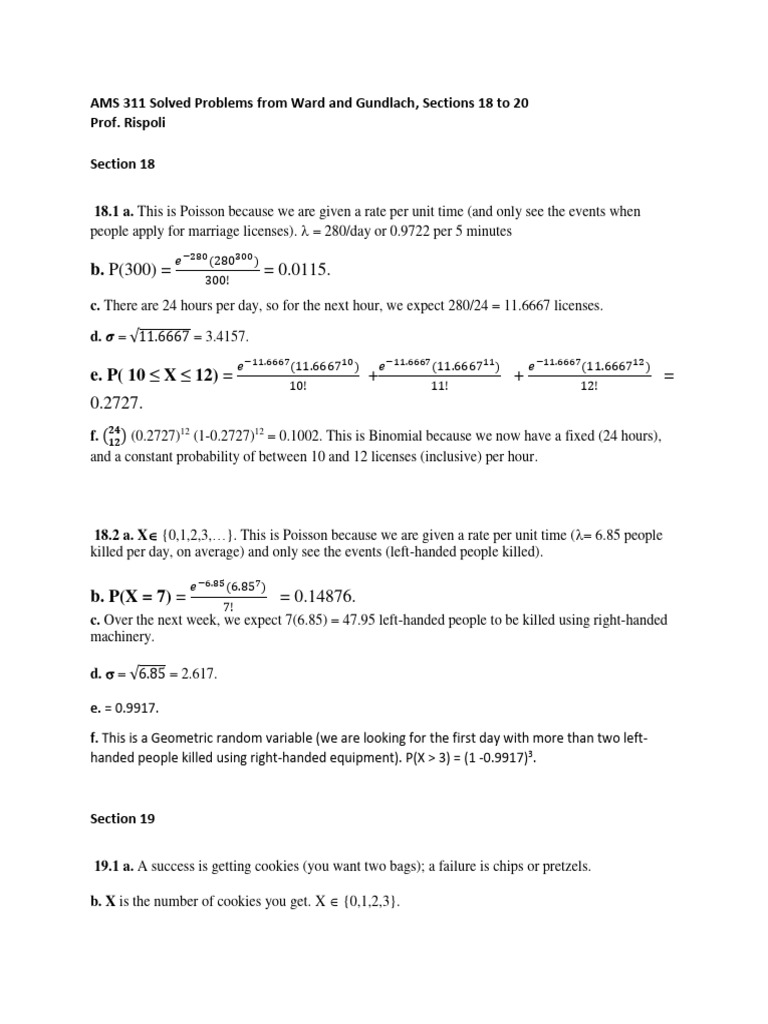 AMS 311 Solved Problems Sections 18 To 20 | PDF | Poisson Distribution ...