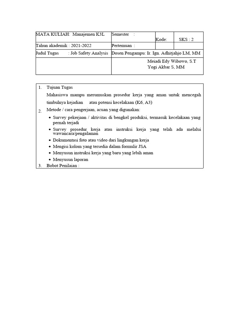 TUGAS Kelompok 3 JOB SAFETY ANALYSIS FX | PDF