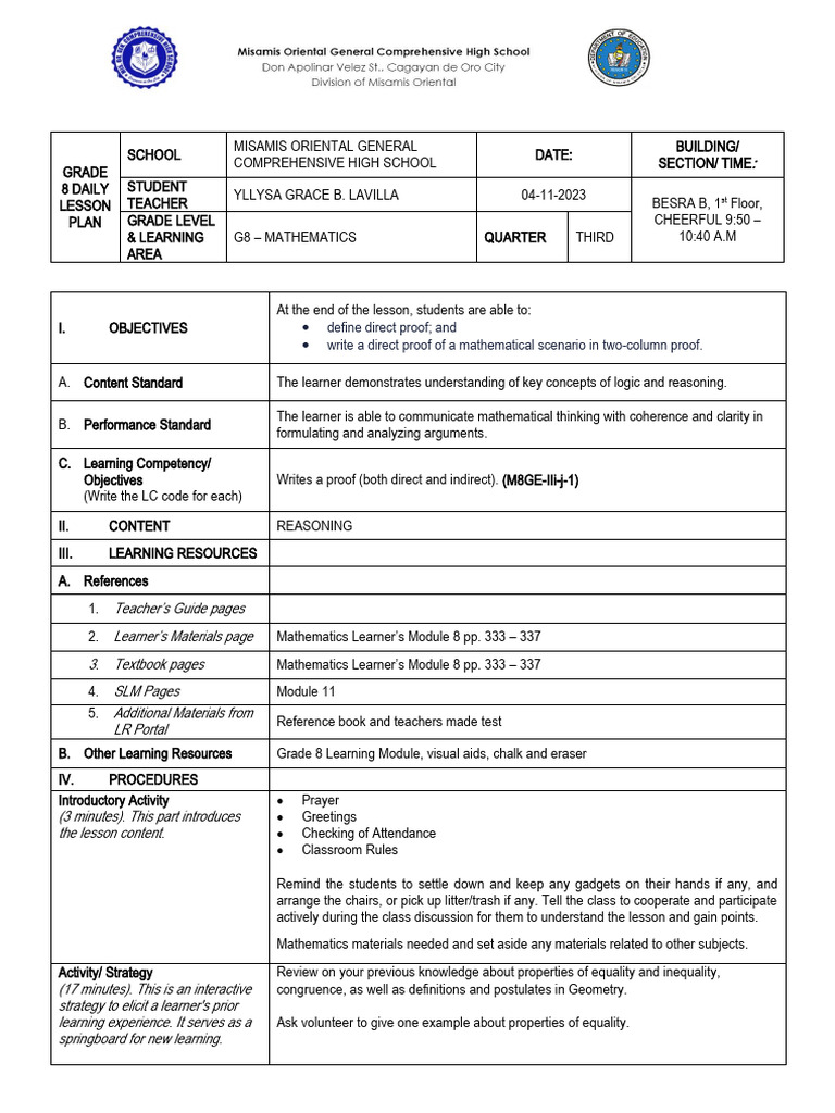 GRADE-8-DAILY-LESSON-PLAN-2nd-demo | PDF | Mathematical Proof | Theorem