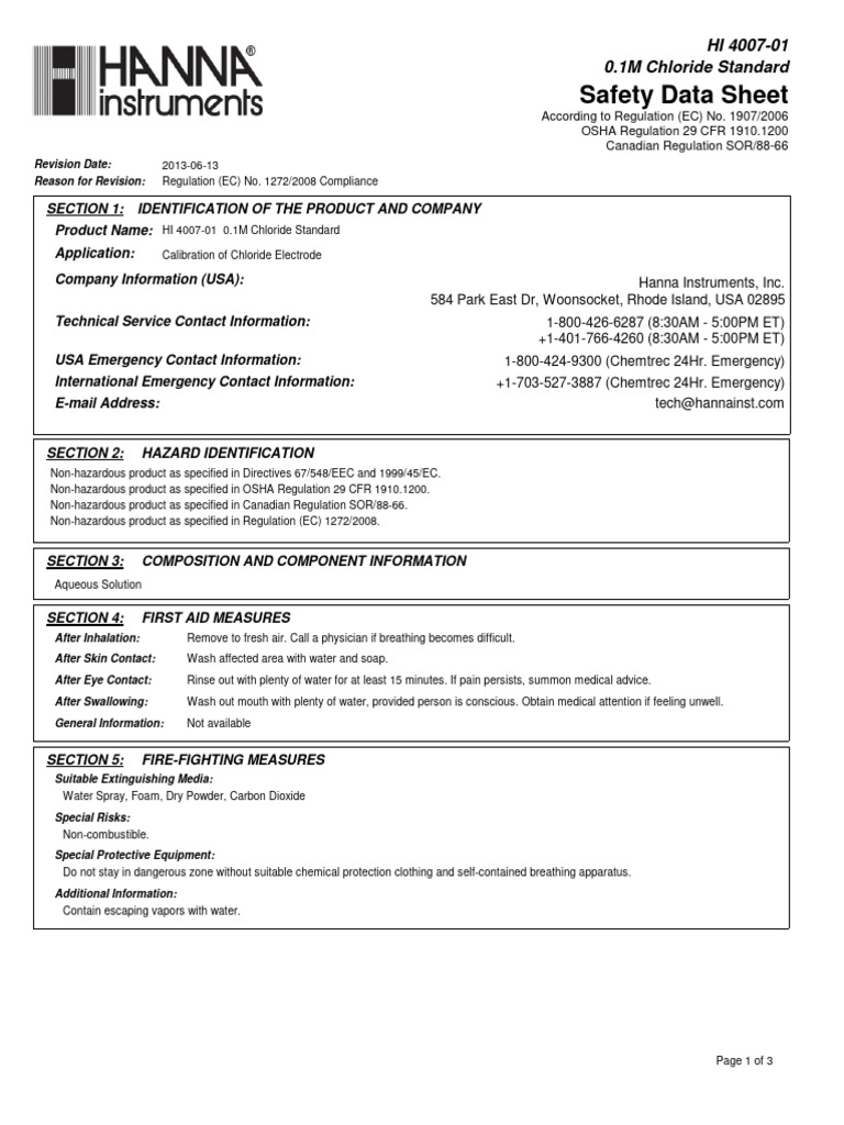 Msds Chloride 0.1m Hanna HL 4007..01 | PDF | Toxicity | Sodium