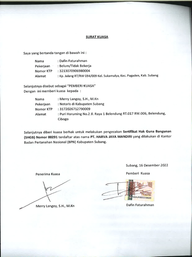 Surat Kuasa SHGB 00291 | PDF