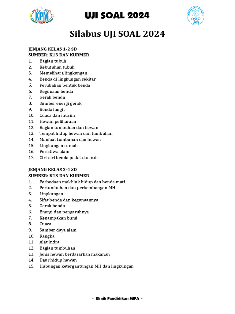 Silabus Uji Soal IPA 2024 | PDF