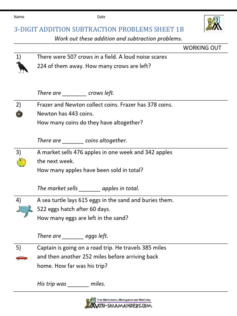 3 Digit Addition Subtraction Problems 1b | PDF