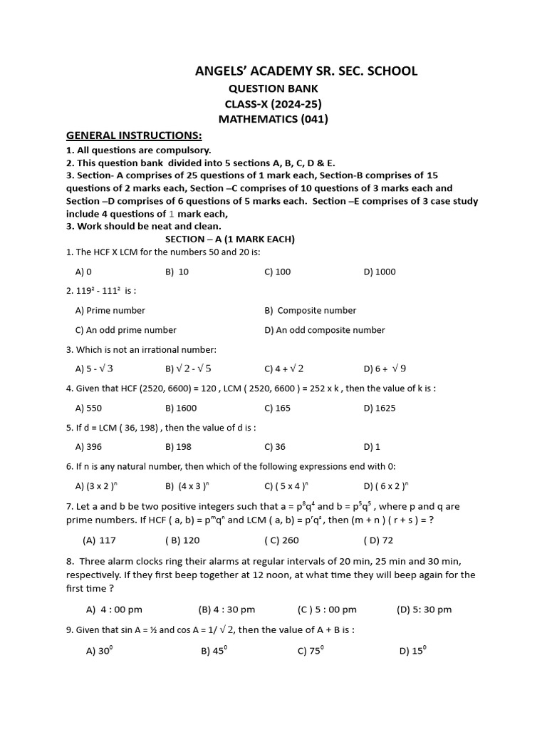 QUESTION BANK For Class 10 PPT1 (2024 - 25) | PDF | Numbers ...