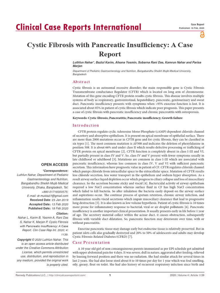 Cystic Fibrosis With Pancreatic Insufficiency A Case Report 5722 | PDF ...
