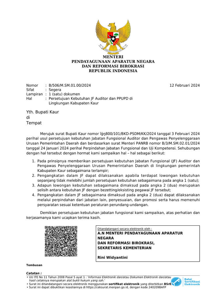 MenPAN-RB - Persetujuan Kebutuhan JFA Dan PPUPD 2024 | PDF