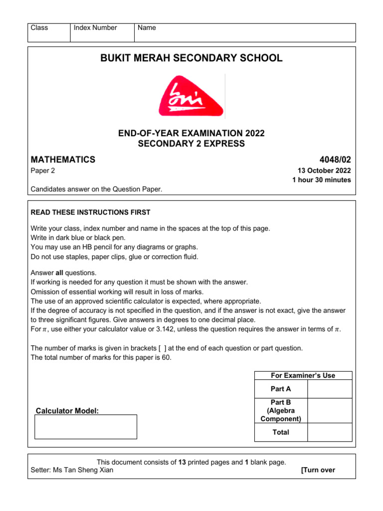 Secondary 2 Math Exam 2022 | PDF | Area | Sphere