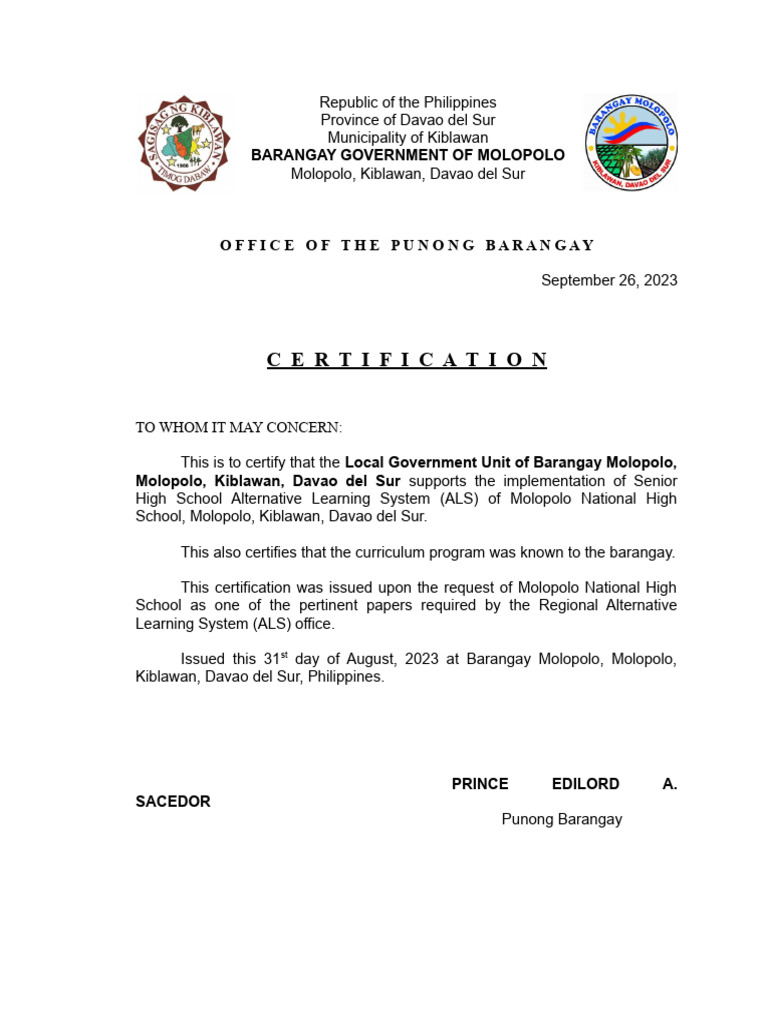 Barangay Certification ALS | PDF | Social Science | Science & Mathematics