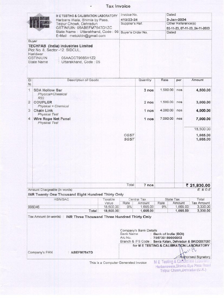 ME Lab Invoice For Testing (Wire Rope Net & Techslope) | PDF