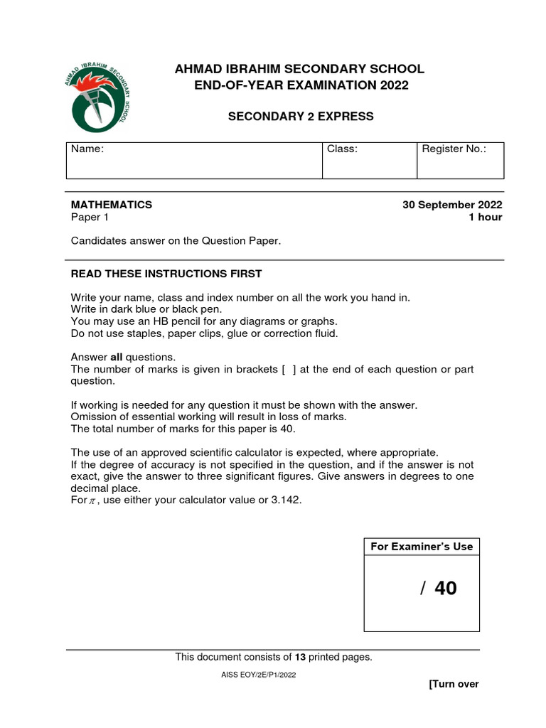 Secondary 2 Emath Aiss Paper 1 | PDF | Area | Geometry