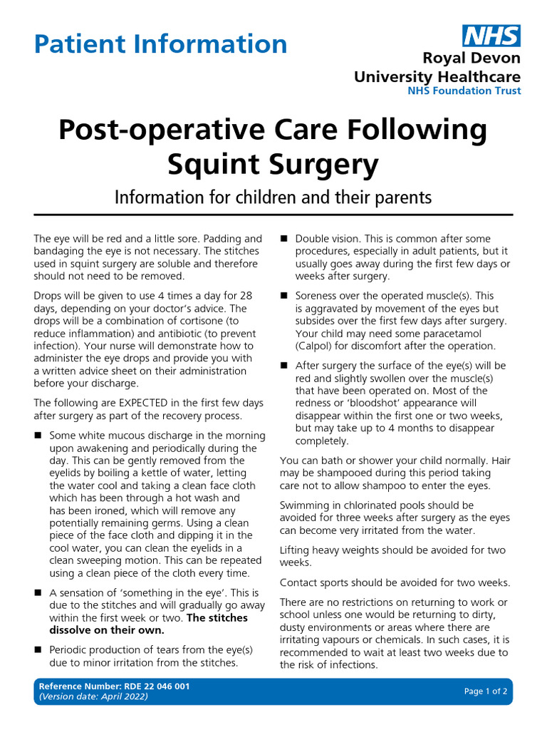 Patient Information Leaflet Post Operative Care Following Squint ...