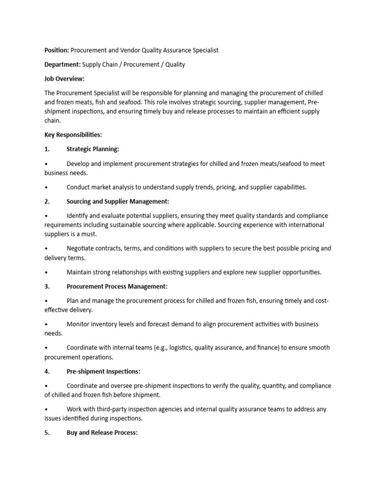 Job Description - Procurement and Vendor QA Specialist | PDF ...