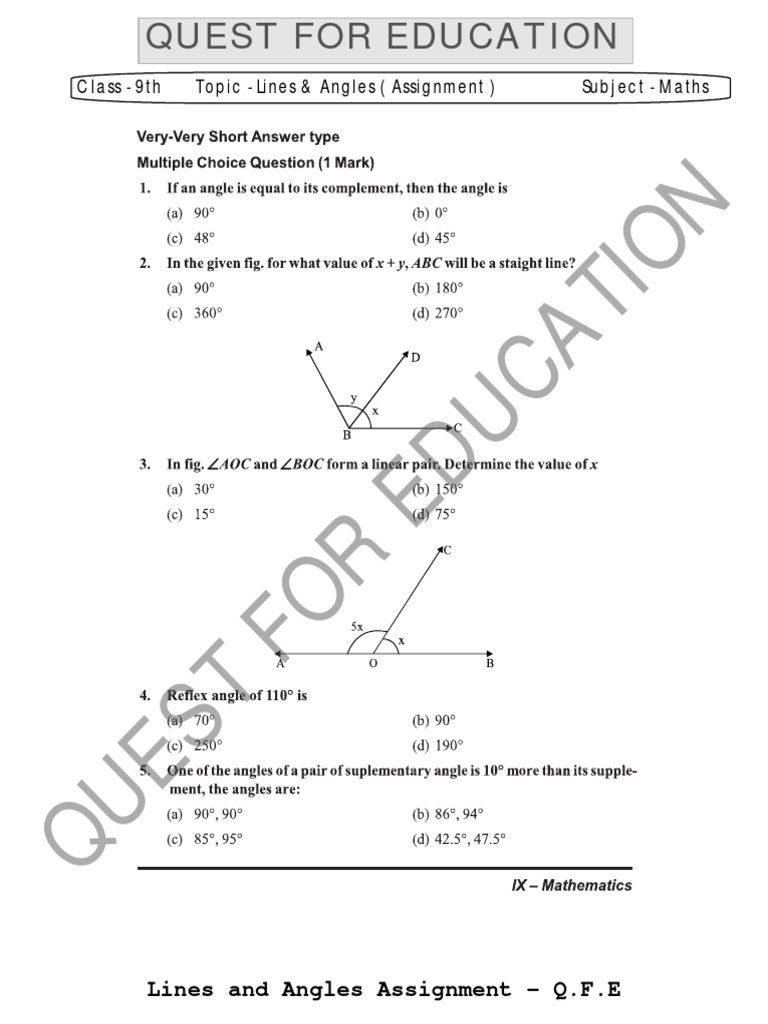 Lines and Angles Assignment With Answer Key | PDF