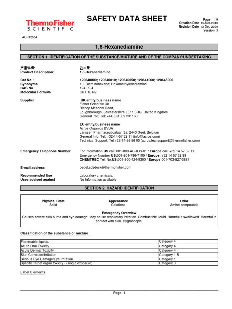 MSDS 1,6 Hexanediamine（1,6 己二胺） | PDF | Toxicity | Personal Protective Equipment