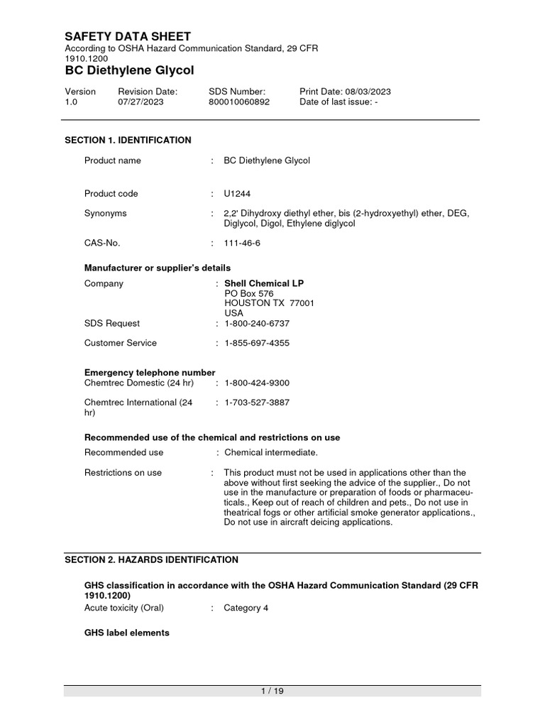 BC Diethylene Glycol Safety Data Sheet | PDF | Personal Protective ...