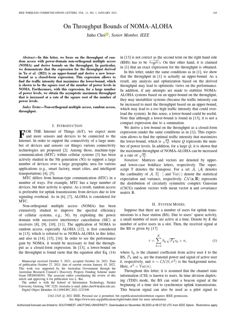 On Throughput Bounds of NOMA-ALOHA | PDF | Duplex (Telecommunications) | Telecommunications