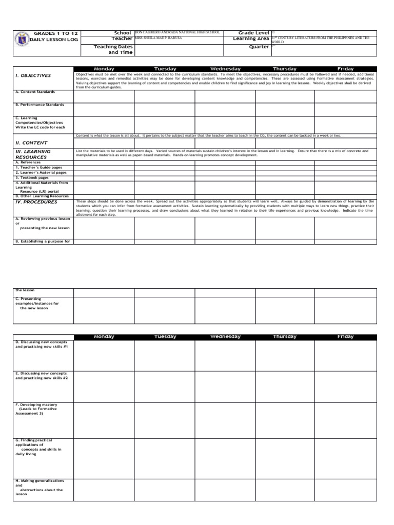 DLL Template Grades 1 To 12 Englishdocx | PDF | Learning | Cognitive ...