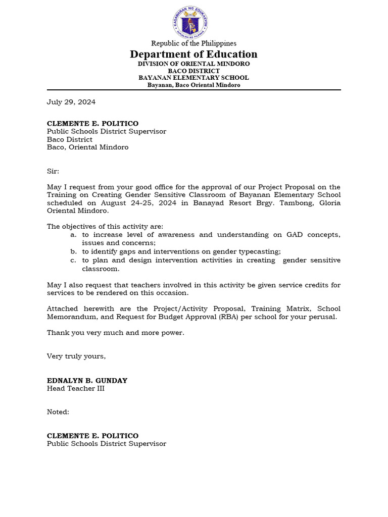 BayananES GAD 2024 Request and Project Proposal | PDF | Teachers ...