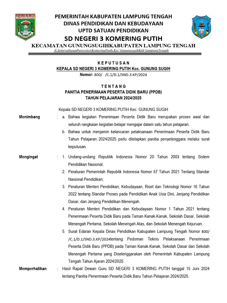 SK Panitia PPDB SDN 3 Kom. Putih 2024-2025 | PDF