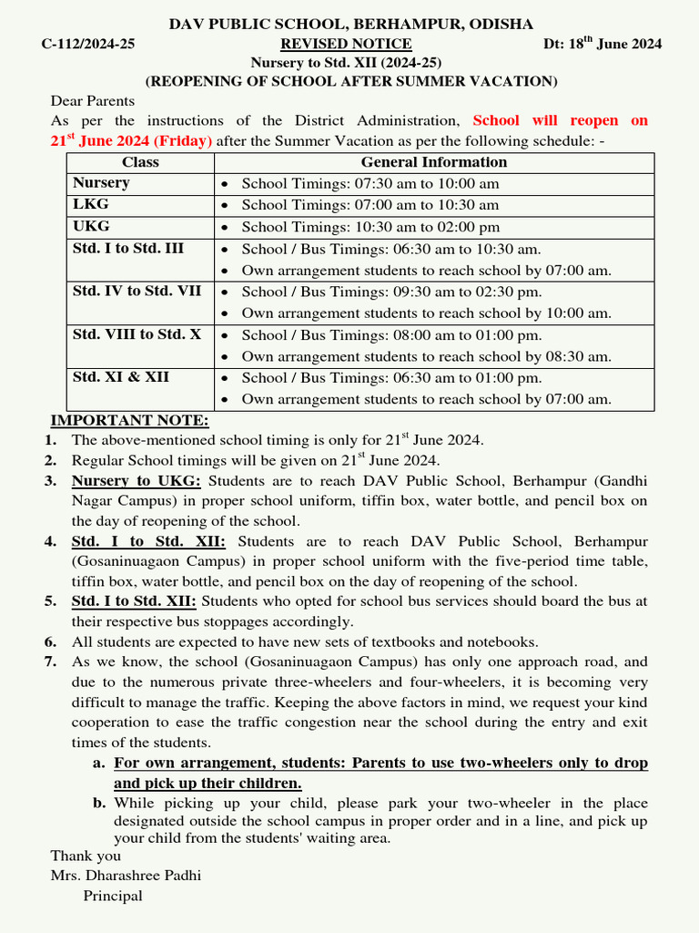 C-112 Revised Notice Reopening of School After Summer Vacation | PDF