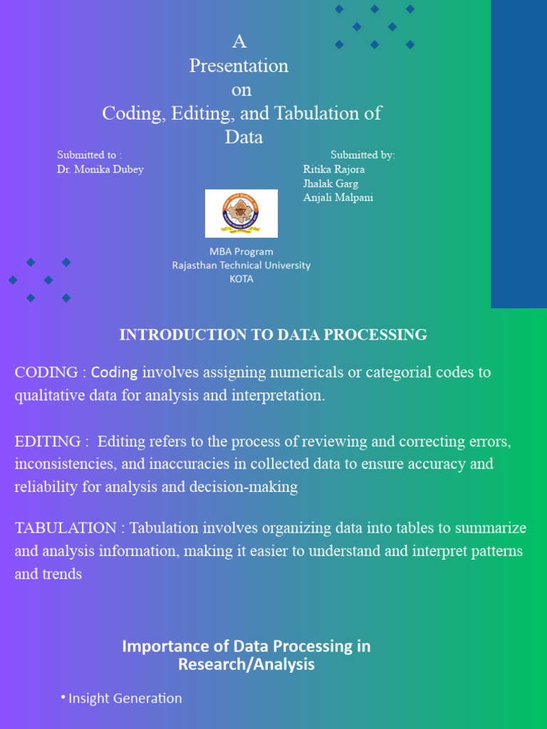 Data Processing: Coding, Editing, Tabulation | PDF | Data | Marketing ...