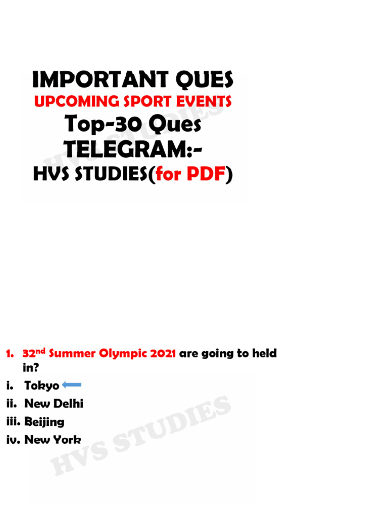 Important Ques Top-30 Ques Telegram:-: Upcoming Sport Events | PDF | Fifa World Cup | Sports