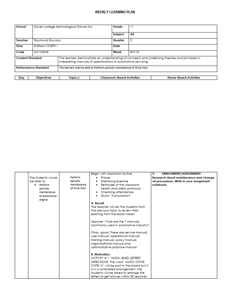 ATS 1 Q2 Week 8,9,10 Learning Plan G11 | PDF | Manual Transmission | Internal Combustion Engine