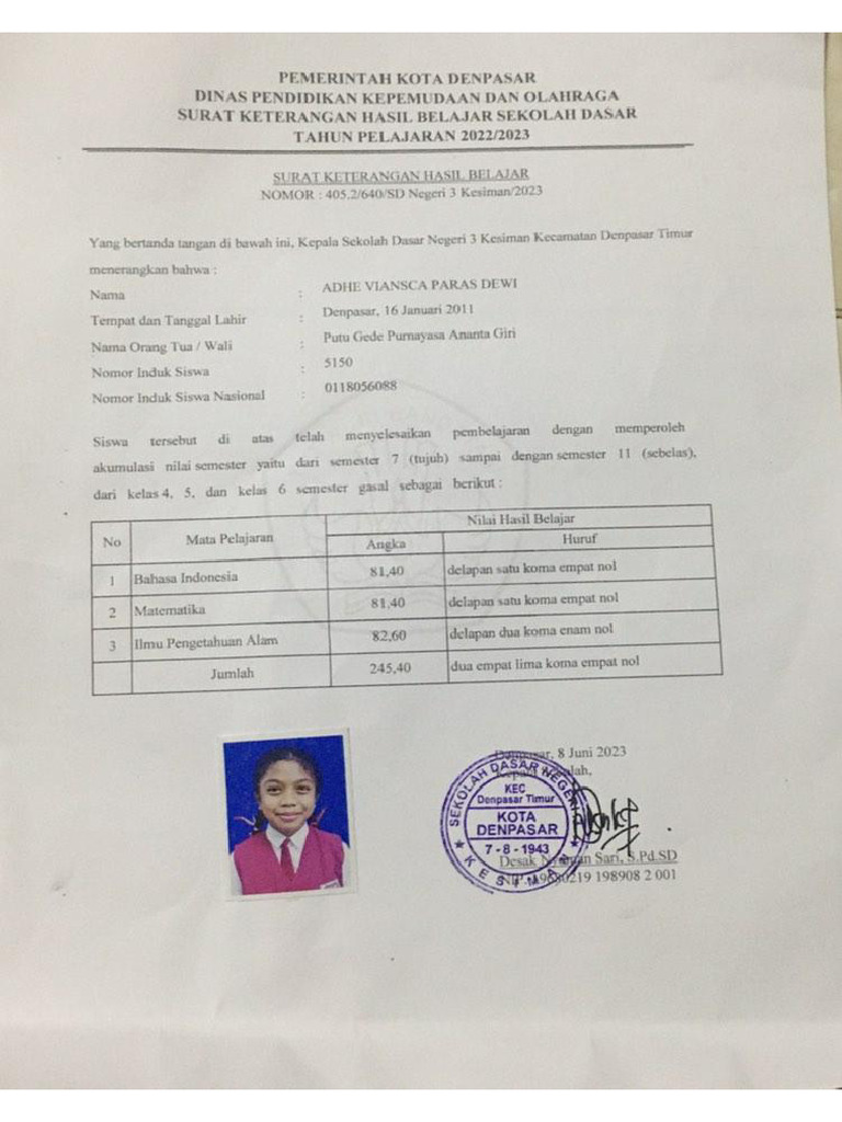 Surat Keterangan Hasil Belajar | PDF