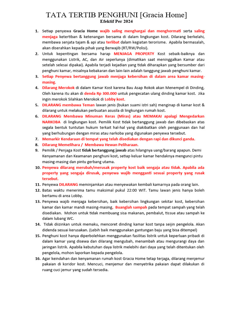 Tata Tertib Aturan Penghuni Kost Baru | PDF